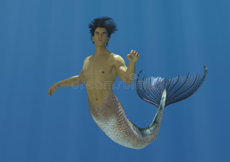 3D Render: a Merman Creature Character is Swimming the Deep Blue Sea ...