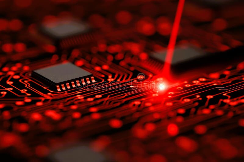 Red Laser Beam on Microchip Circuit Board High Tech Technology ...