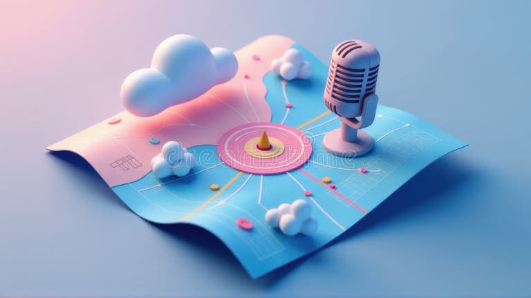 3D Render of Microphone on Pastel Map with Clouds - Podcast, Location ...