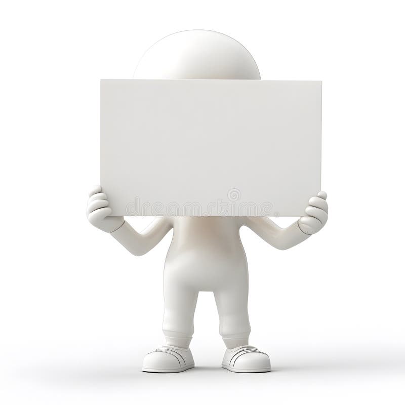 3D Render of Minimalistic Character Holding Blank Signboard White ...