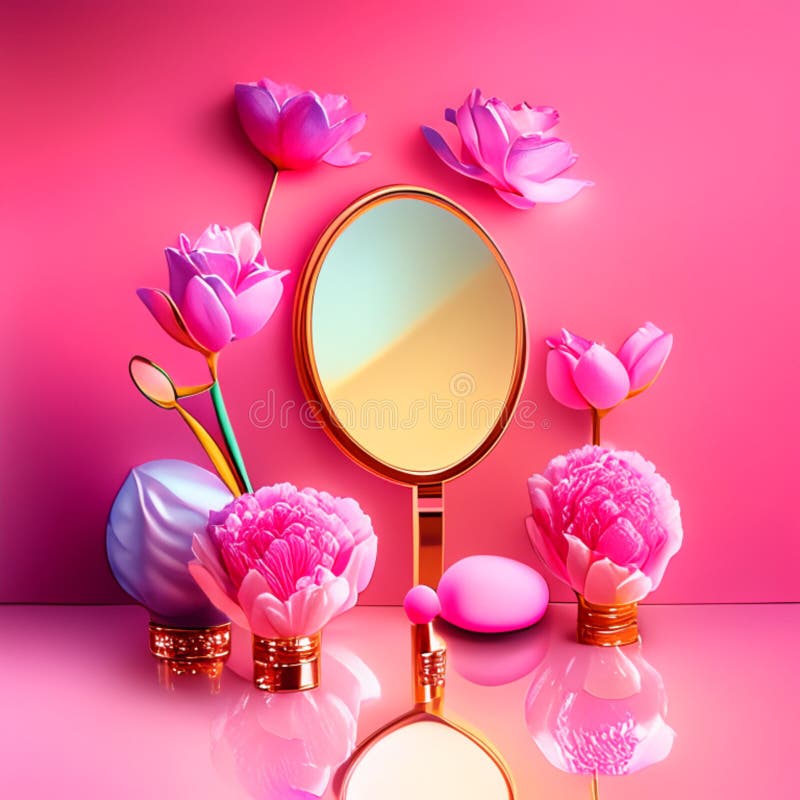 3d Render of Mirror and Flowers on Pink Background with Reflection. AI ...