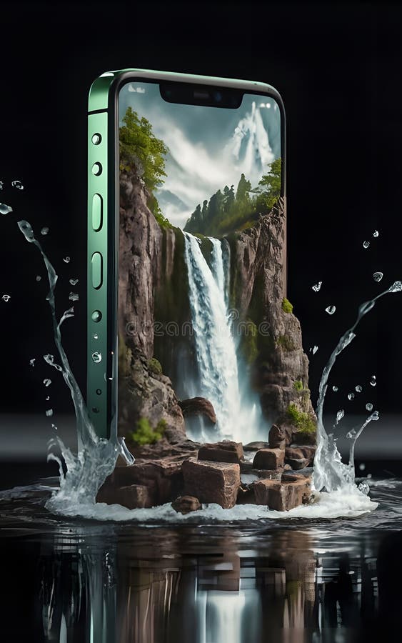 Waterfall Falling from Smartphone Screen on Dark Background. 3d ...