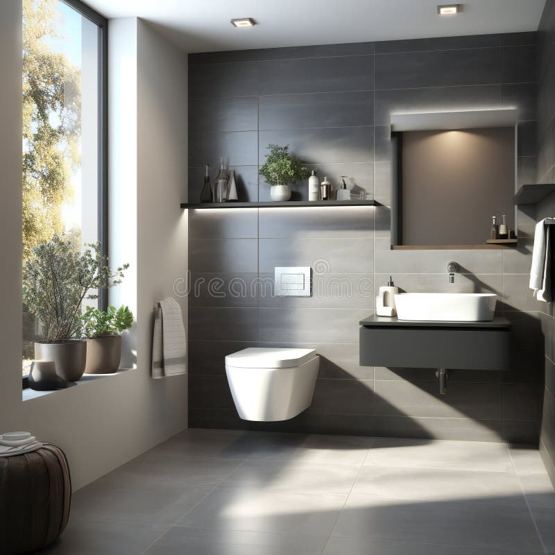 3d Render of Modern Bathroom with Tile Walls and Tiled Floor Stock ...