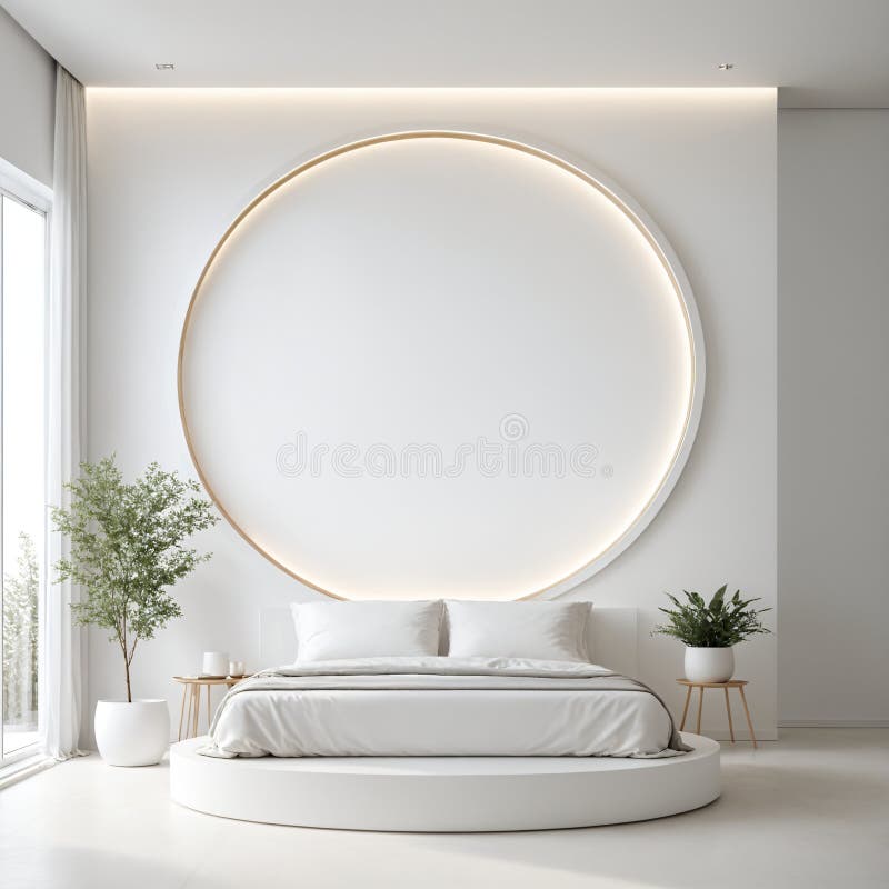 3D Render of a Modern Bedroom with a Circular Bed and White Walls Stock ...