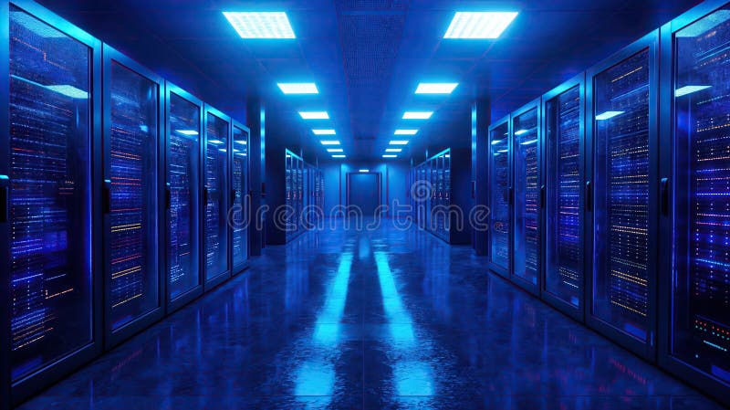 3d Render of Modern Blue Illuminated Data Center Server Room Stock ...