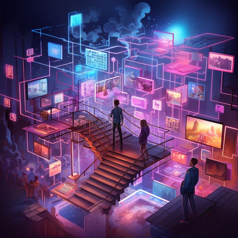 3D Render, a Modern Digital City with Glowing Colorful Buildings with ...