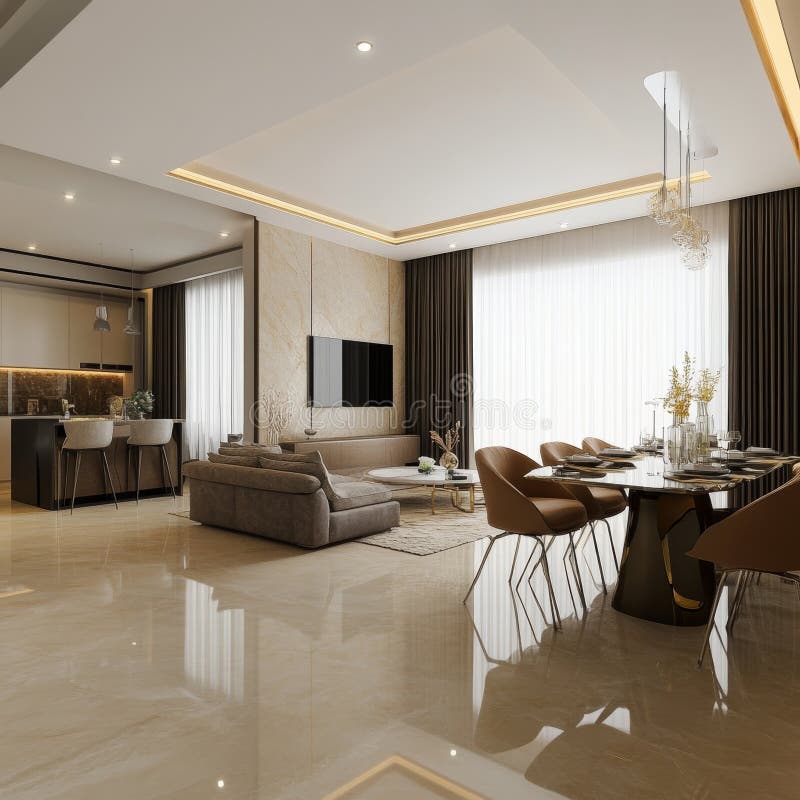 3d Render of Modern Dining Room and Living Room Interior Design. Stock ...