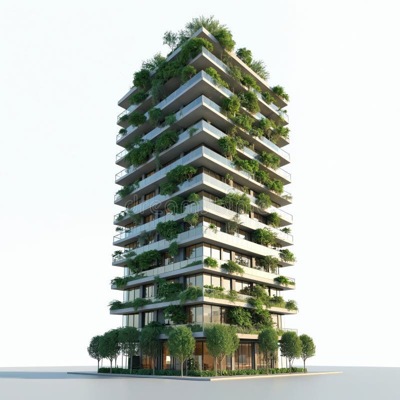 3D Render of Modern Eco-friendly Office Tower. Green Facade, Efficient ...