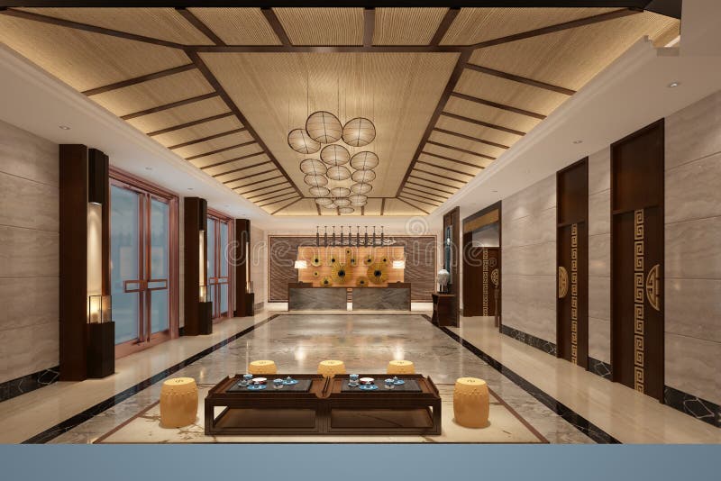 3d Render of Modern Hotel Lobby Stock Illustration - Illustration of ...