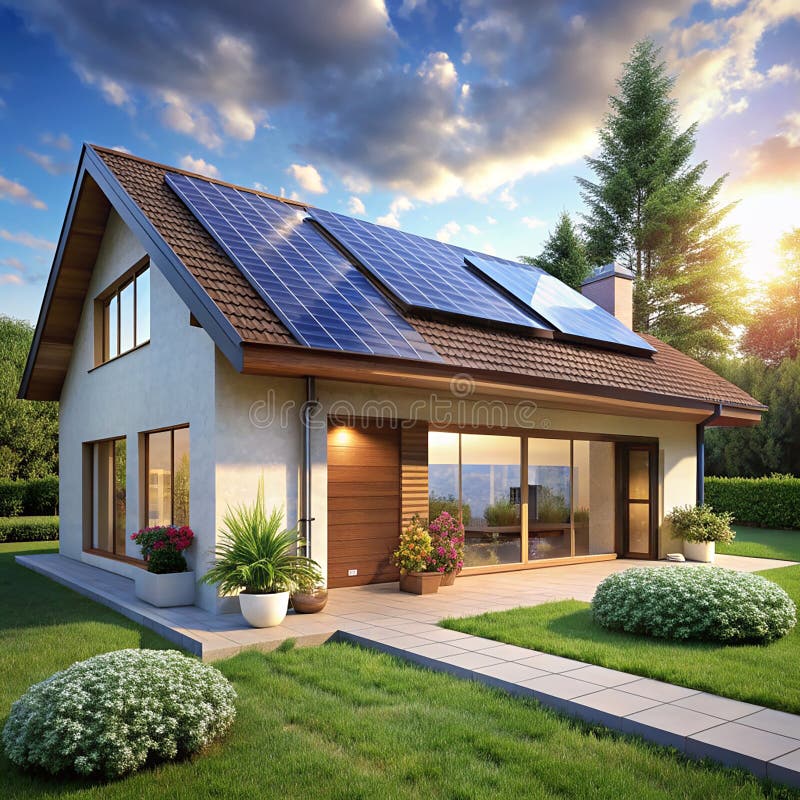 House with Solar Panels on the Roof. 3d Rendering Image Stock Image ...