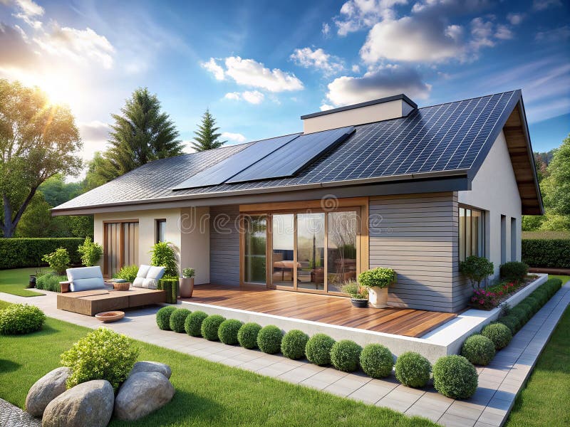 House with Solar Panels on the Roof. 3d Rendering Image Stock Photo ...