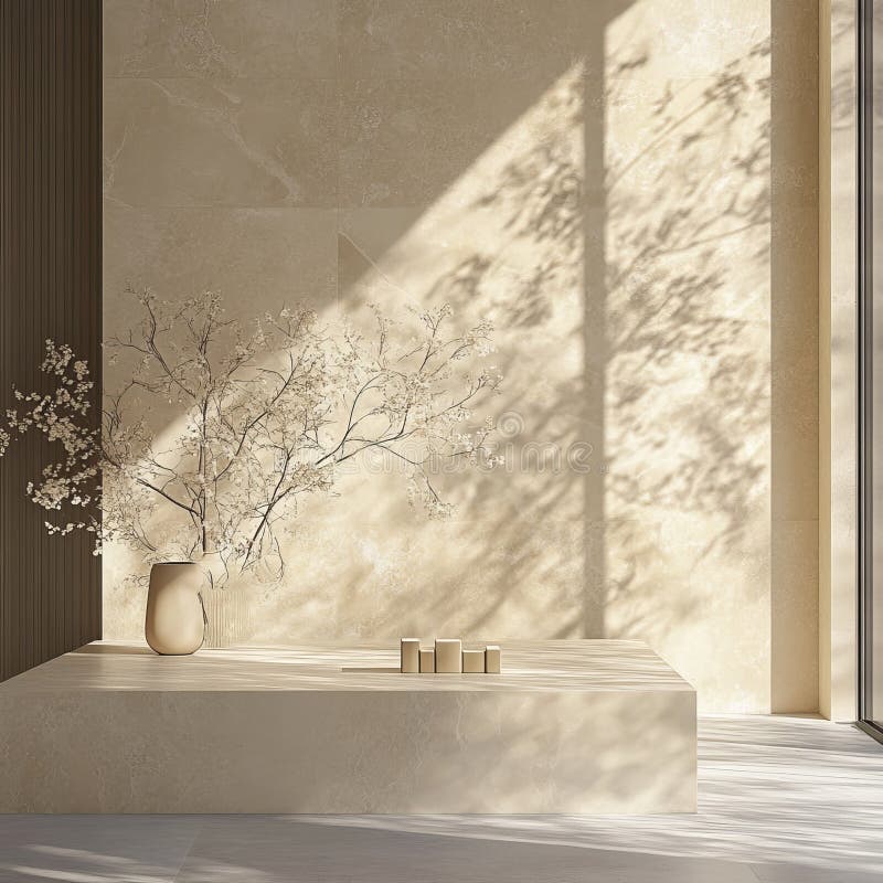 3d Render, Modern Interior Design, Beige Marble Floor and Plant in Vase ...