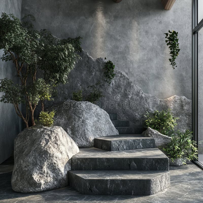 3d Render, Modern Interior Design, Stone Stairs and Green Plants Stock ...