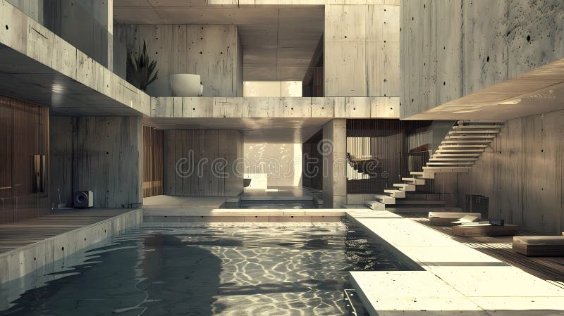 3d Render of Modern Interior with Swimming Pool and Concrete Wall ...