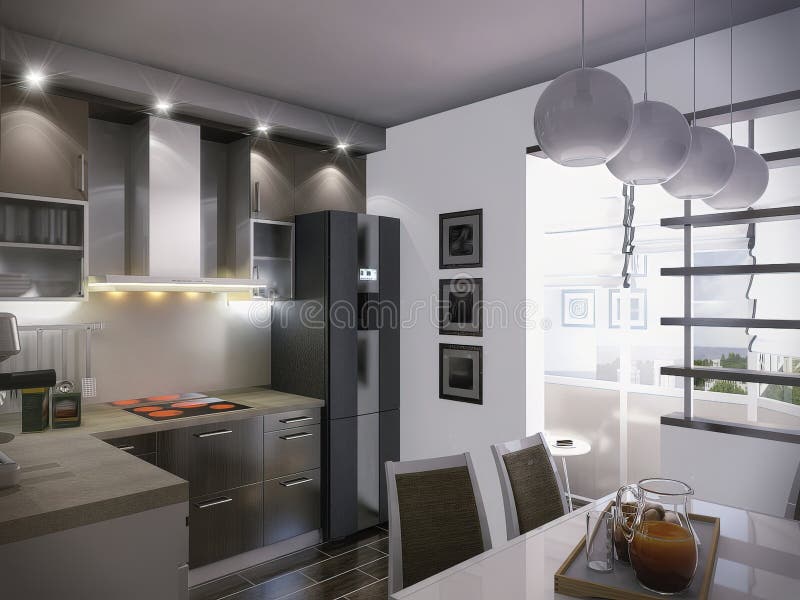 3d Render of a Modern Kitchen in an City Apartment. Kitchen Interior ...