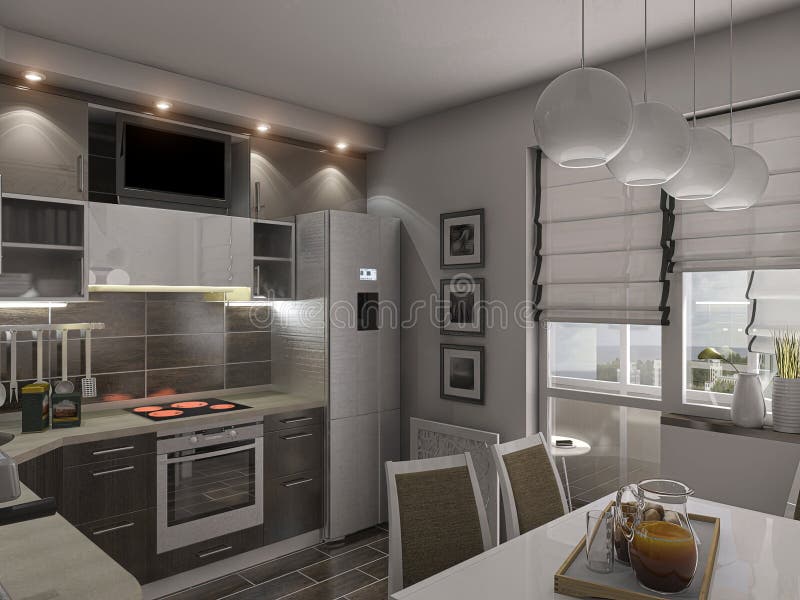 3d Render of a Modern Kitchen in an City Apartment. Kitchen Interior ...