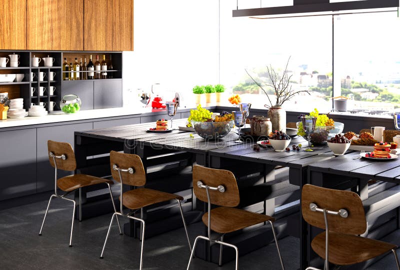 3d render modern kitchen stock illustration. Illustration of appliance ...