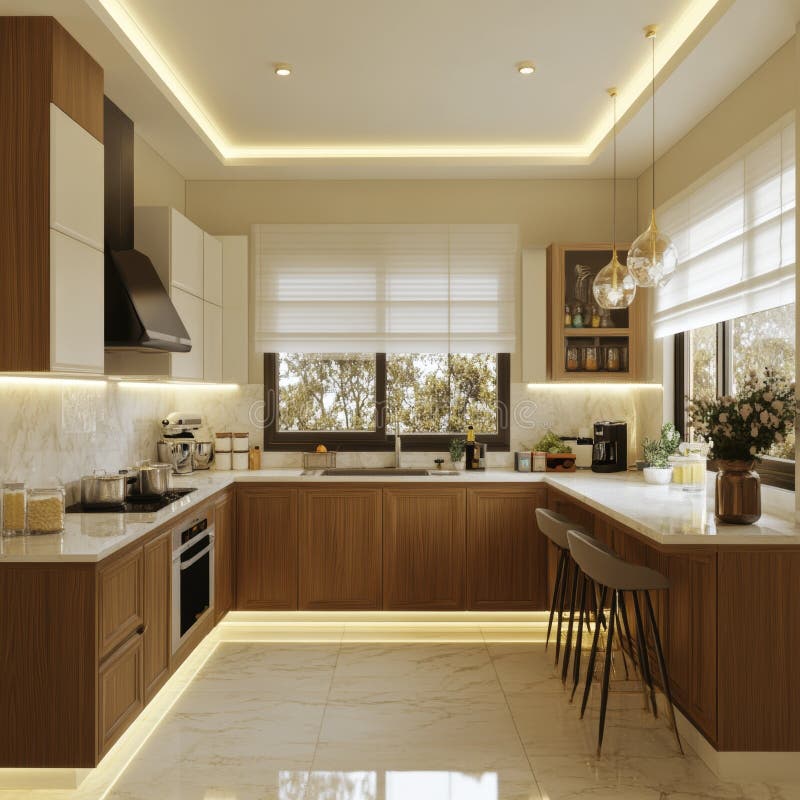 3d Render of Modern Kitchen and Dining Room in a Luxury House Stock ...