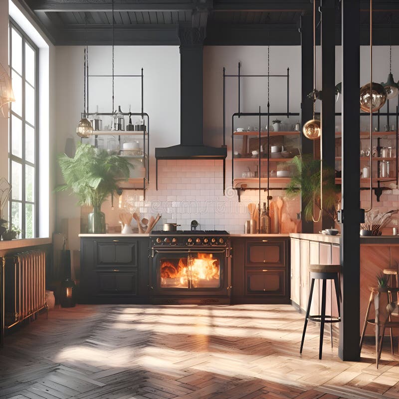 Modern Kitchen in a Loft Style with a Fireplace. Stock Image - Image of ...