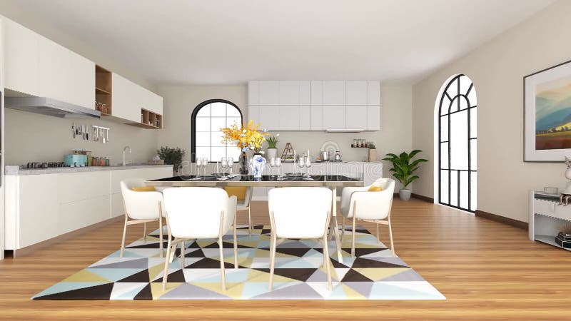 3d Render of Modern Kitchen in a New House with Wooden Floor. Stock ...