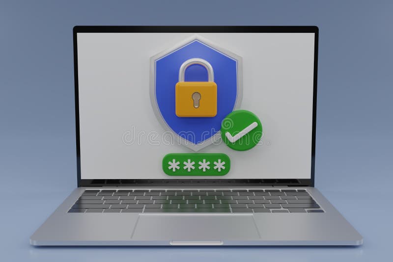 3D Render Modern Laptop Computer with Shield, Padlock and Check Mark ...