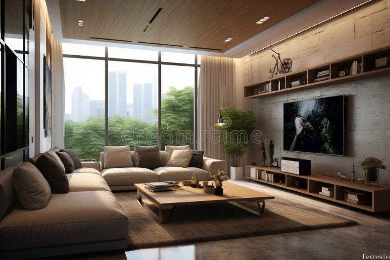 3d Render of Modern Living Room with Orange Sofa and Tv Stock ...