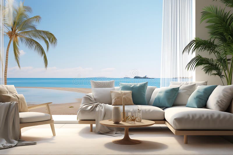 3D Render of a Modern Living Room with a Tropical Beach View Stock ...