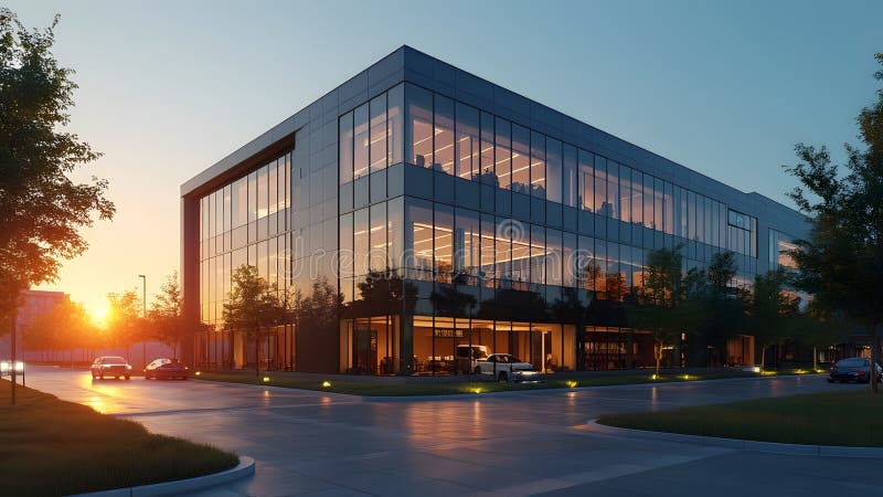 3d Render of Modern Office Building Exterior with Glass Facade at Dusk ...