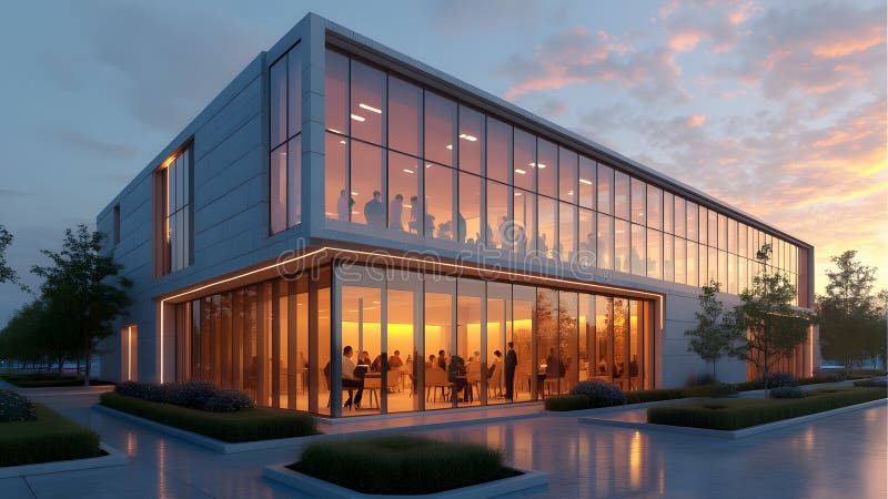 3d Render of Modern Office Building Exterior with Glass Facade at Dusk ...
