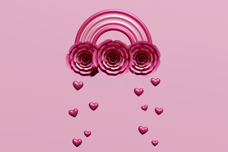 3d Render of Modern Pink Ranbow with Flowers Raining Hearts Stock ...