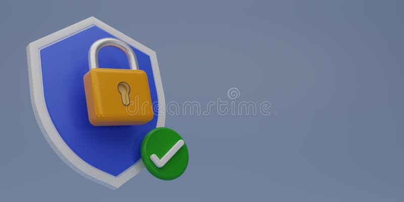 3D Render Modern Shield with Padlock and Check Mark Icon on Blue ...