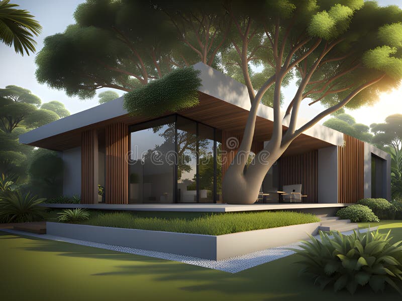 3d Render of Modern Villa on the Lawn with Garden in the Evening Stock ...