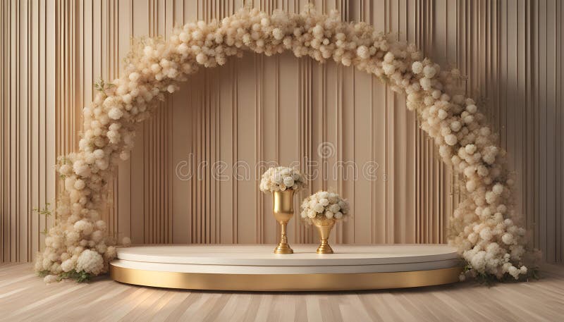 3d Render Modern Wedding Stage, Wooden Backdrop and Golden Flower Vase ...