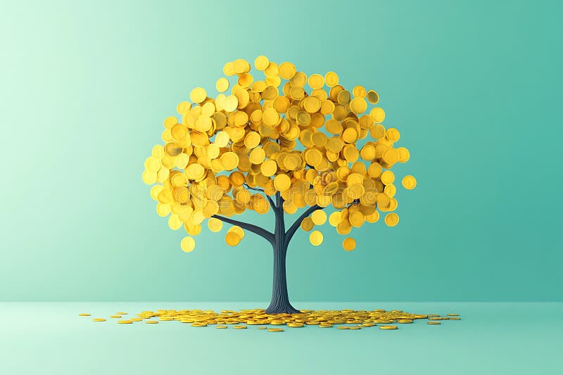 3D Render of Money Tree with Falling Gold Coins, Wealth, Finance ...