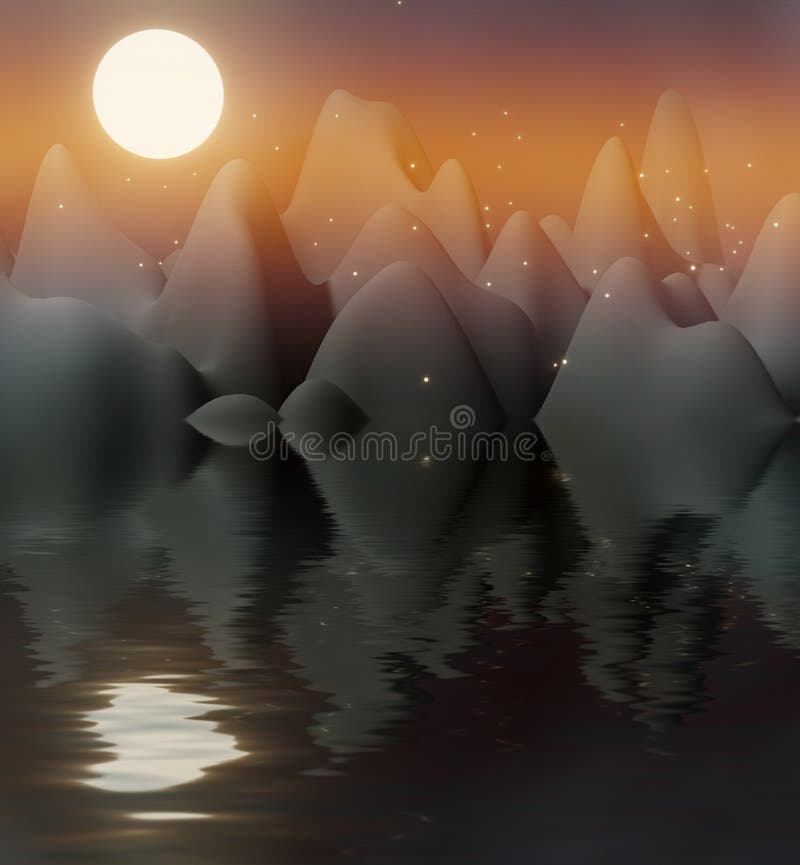 3D Render of the Moon Dawn on a Mountain Lake Stock Illustration ...