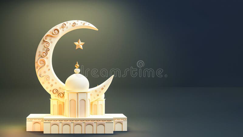 3D Render of Mosque with Crescent Moon and Star on Grey Background ...