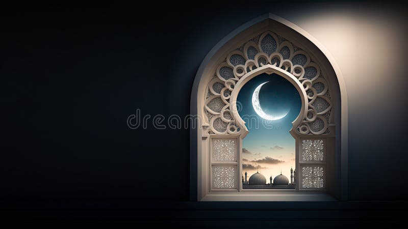 3D Render of Mosque Window Arch with Realistic Crescent Moon. Islamic ...