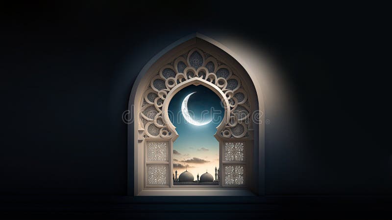 3D Render of Mosque Window Arch with Realistic Crescent Moon. Islamic ...