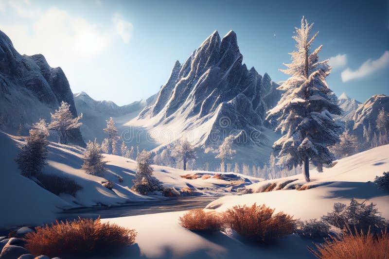 3d Render Mountain Landscape at Winter Stock Illustration ...