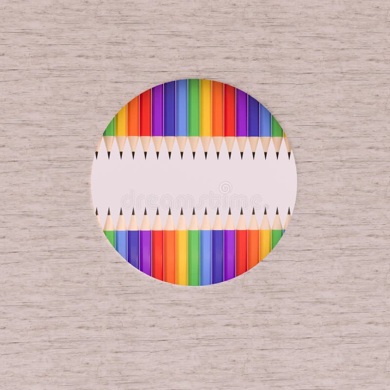 3D Render - Multi-colored Pencils in a Round Wooden Frame Stock ...