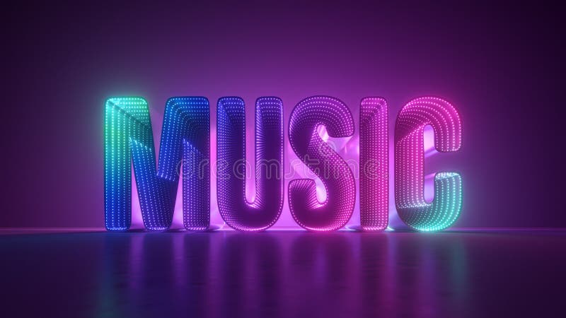 3d Render, Music Neon Word Glowing with Pink Blue Light, Modern Fun ...