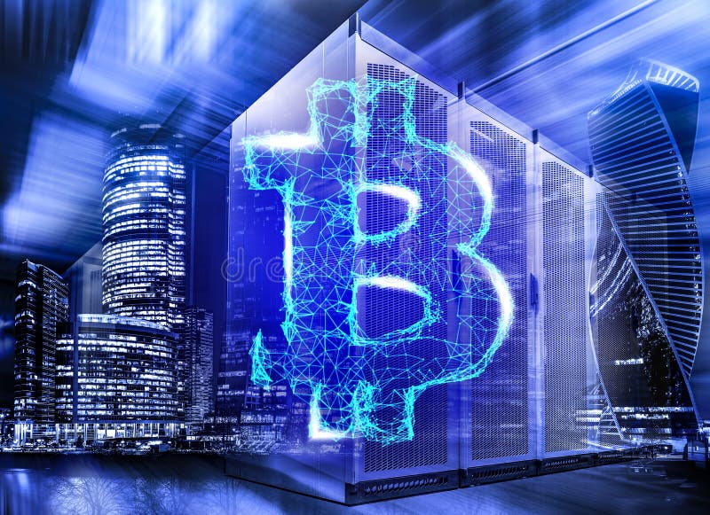 3D Render N Bitcoin Digital Cryptocurrency Over Developed City. Mining ...
