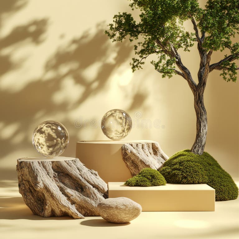 3d Render of Natural Product Display Podium with Tree and Stones. Stock ...