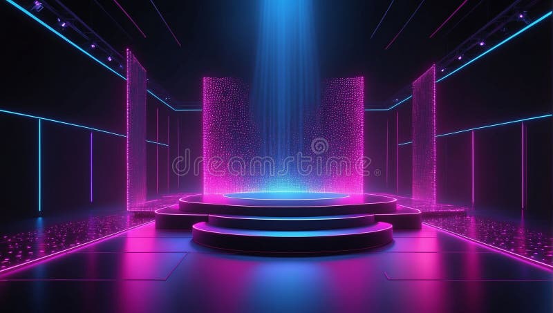 3d Render Neon Abstract Background Virtual Reality, Neon Light, Podium ...