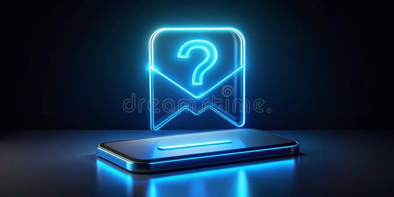 3D Render of Neon Blue Question Mark Envelope Icon on a Futuristic ...