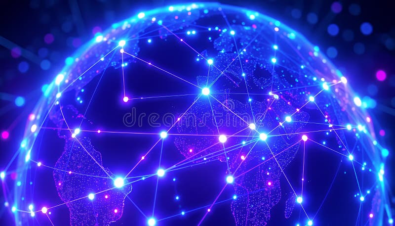 3D Neon World Globe Illustration in Blue and Pink with Network ...