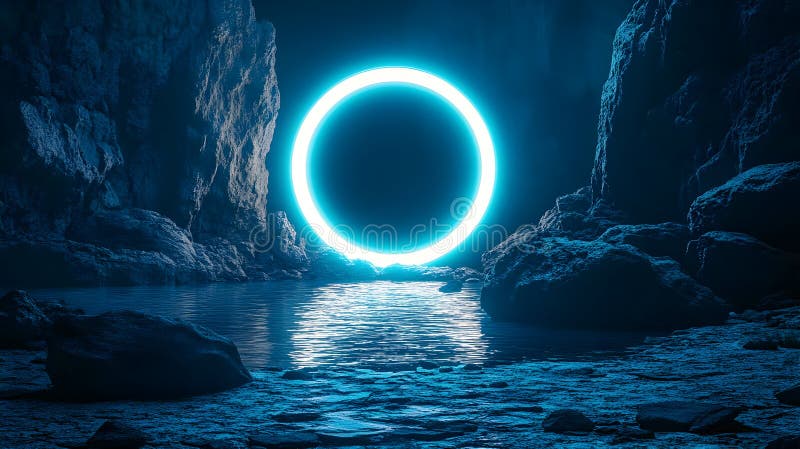 3D Render Neon Circle in Dark Cave Stock Illustration - Illustration of ...
