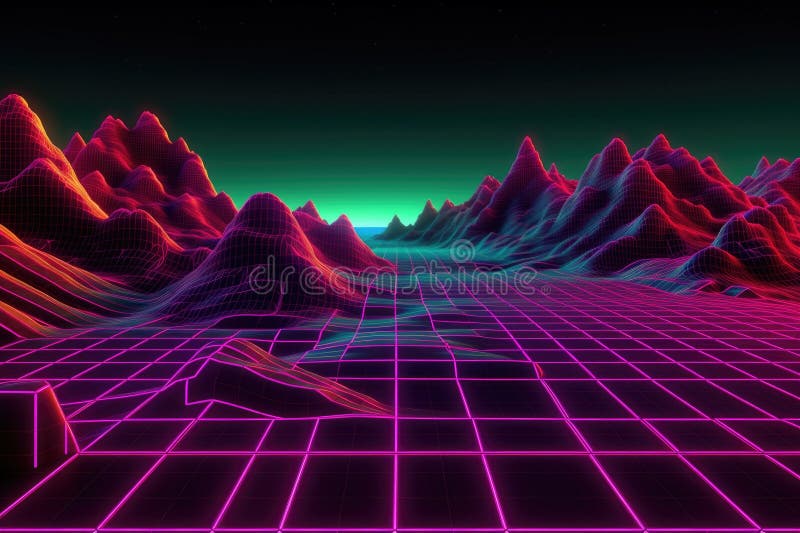 3d Render of Neon Grid Landscape with Hills and Valleys Stock ...