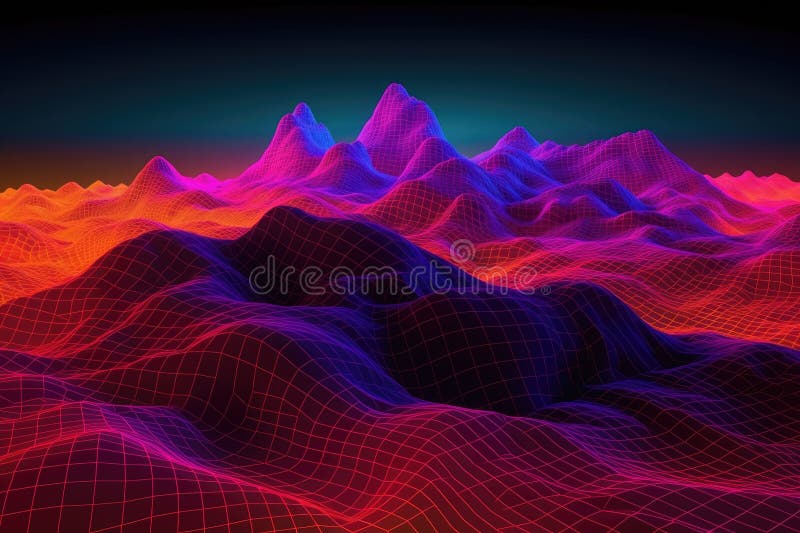 3d Render of Neon Grid Landscape with Hills and Valleys Stock ...
