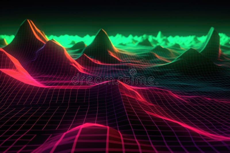 3d Render of Neon Grid Landscape with Hills and Valleys Stock Photo ...